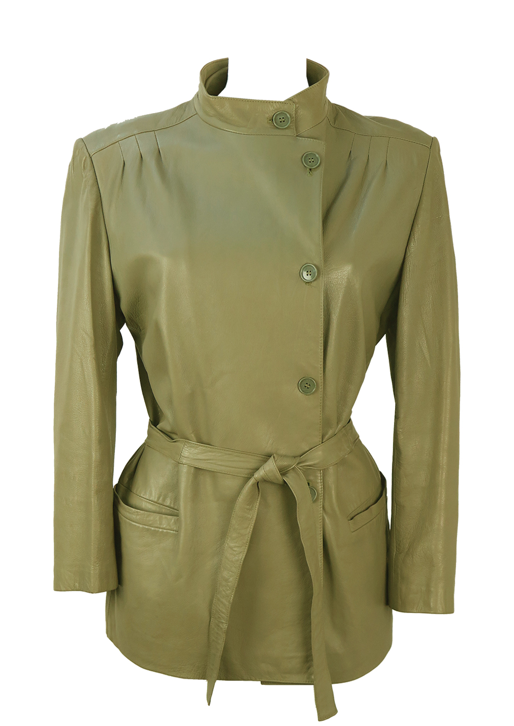 Warm Grey Leather Jacket with Tie Front Belt - M/L | Reign Vintage