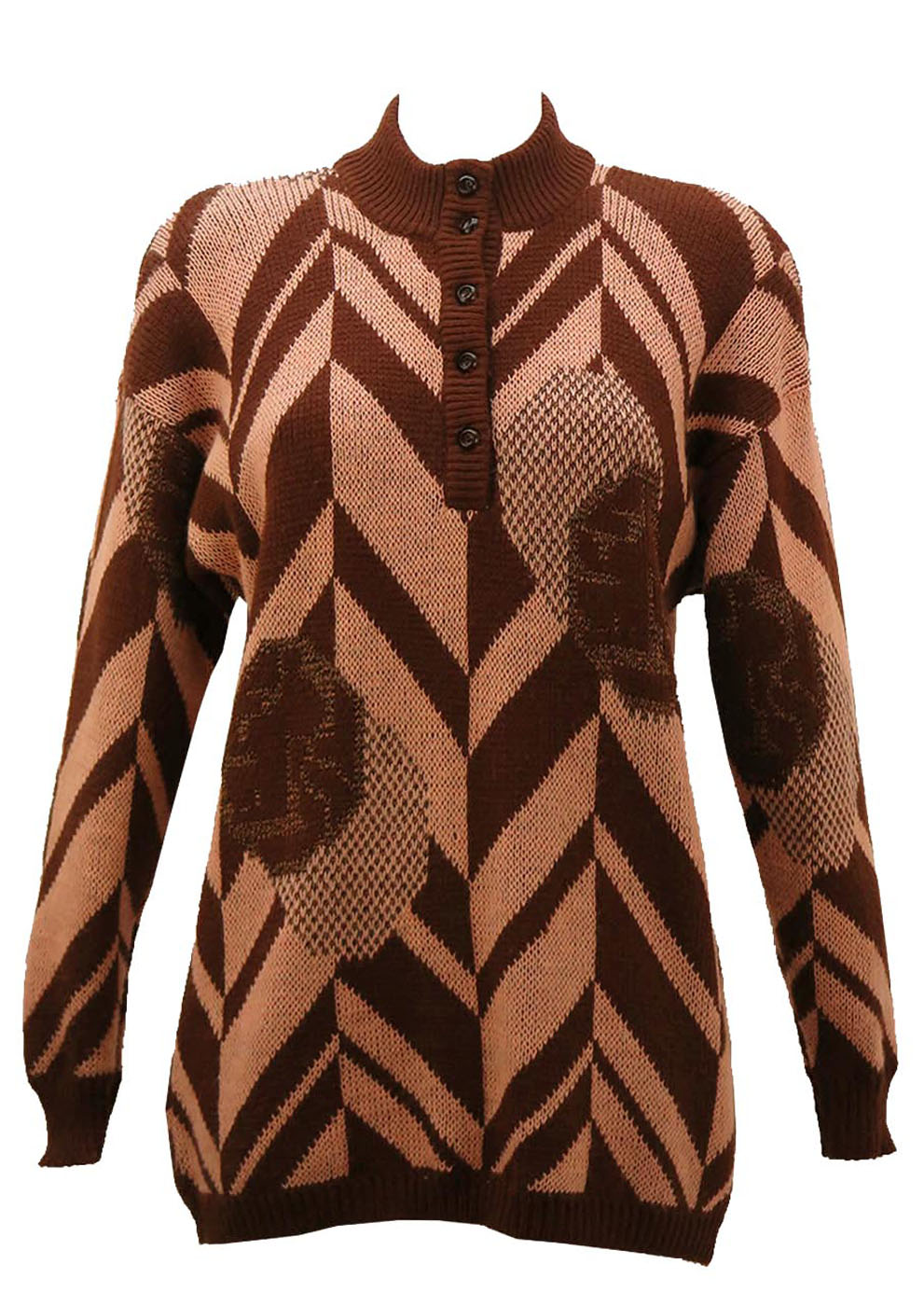 Brown & Pink Chevron Patterned Jumper with Button Up Collar - M/L ...