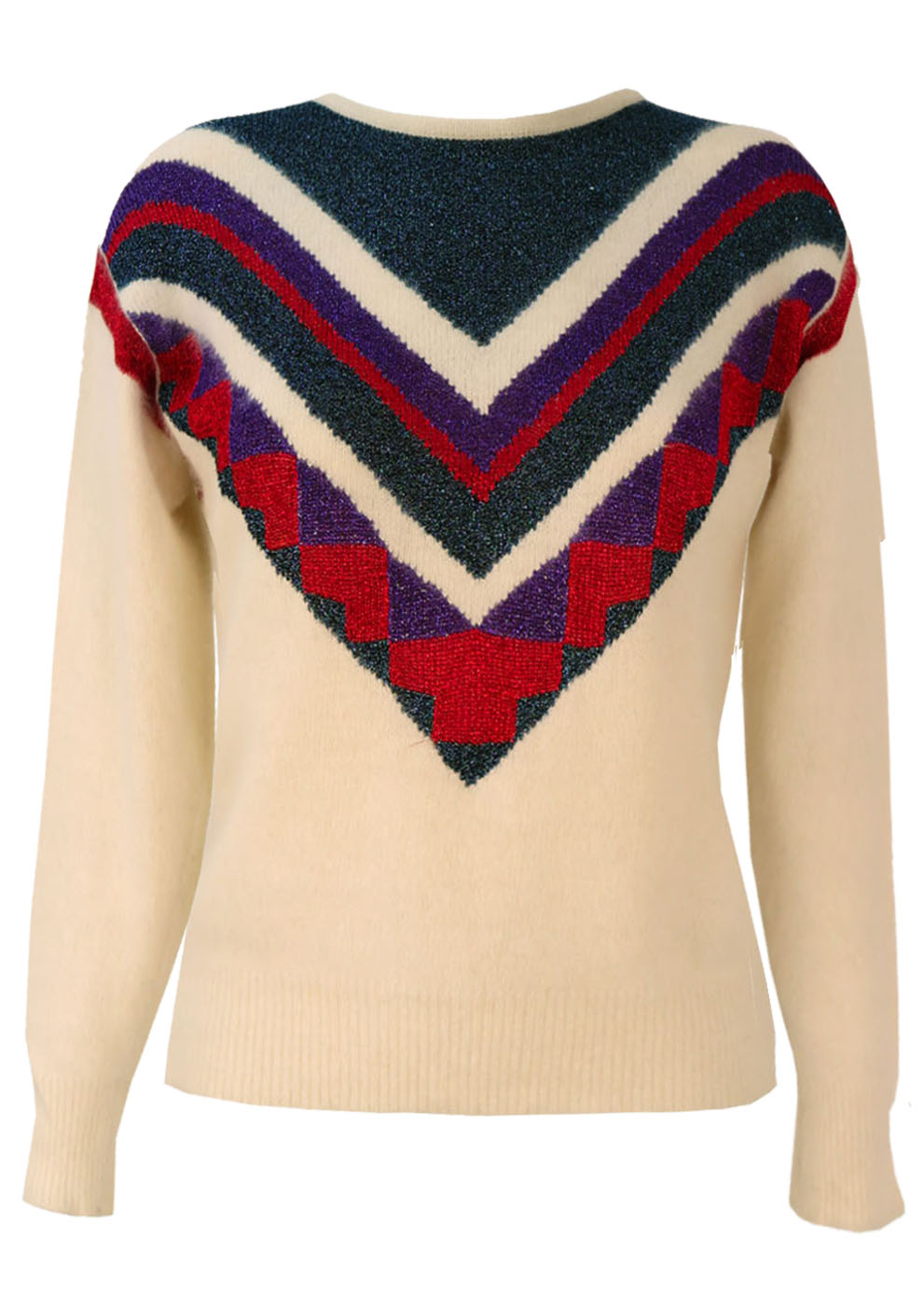 Cream Jumper with Red, Purple & Blue Metallic Pattern - S/M | Reign Vintage