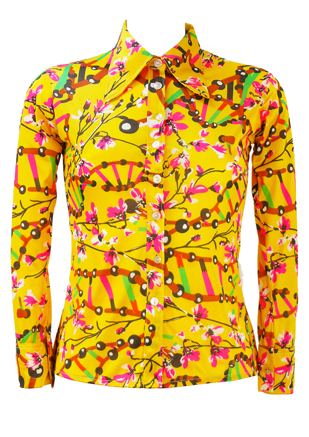 Vintage 60's Yellow Blouse with Abstract Floral Oriental Pattern - XS/S ...