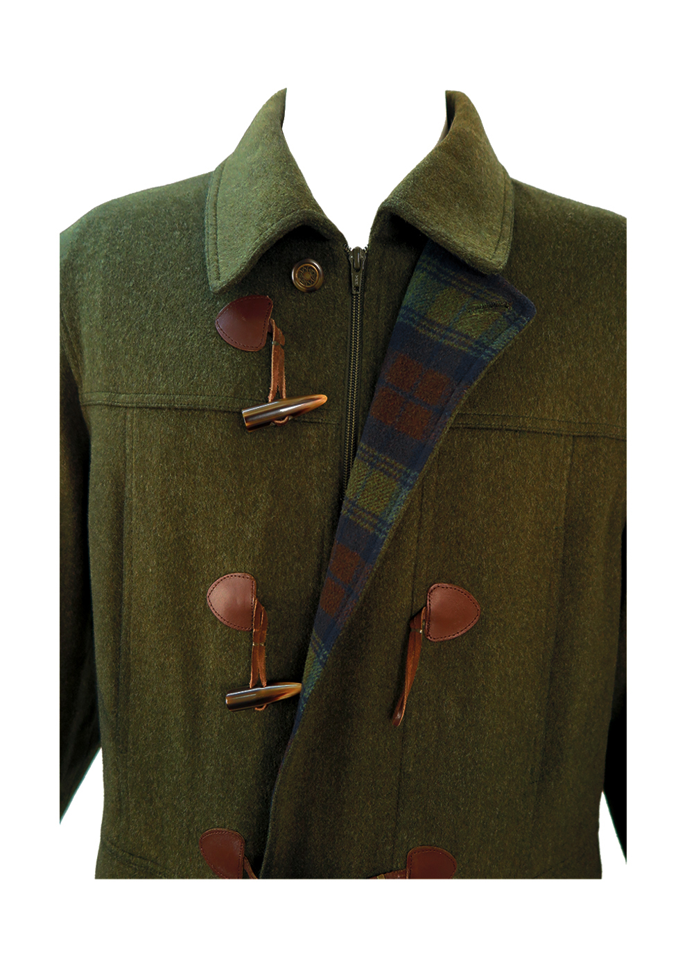 Olive Green Loden Wool Duffle Coat with Leather Toggles - L/XL | Reign ...