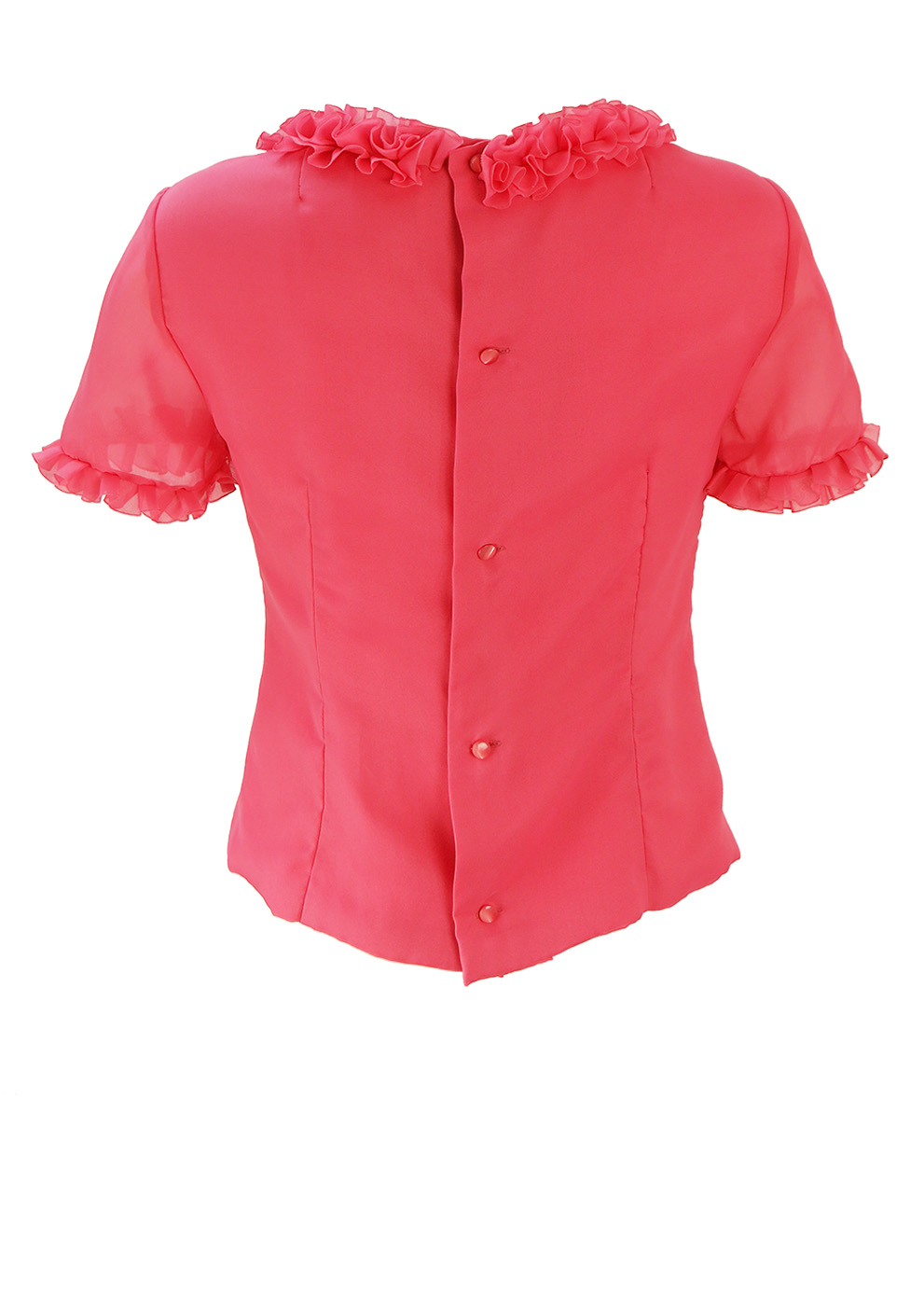 Vintage 60's Short Sleeved Pink Top with Frill Neckline and Sleeves - M ...