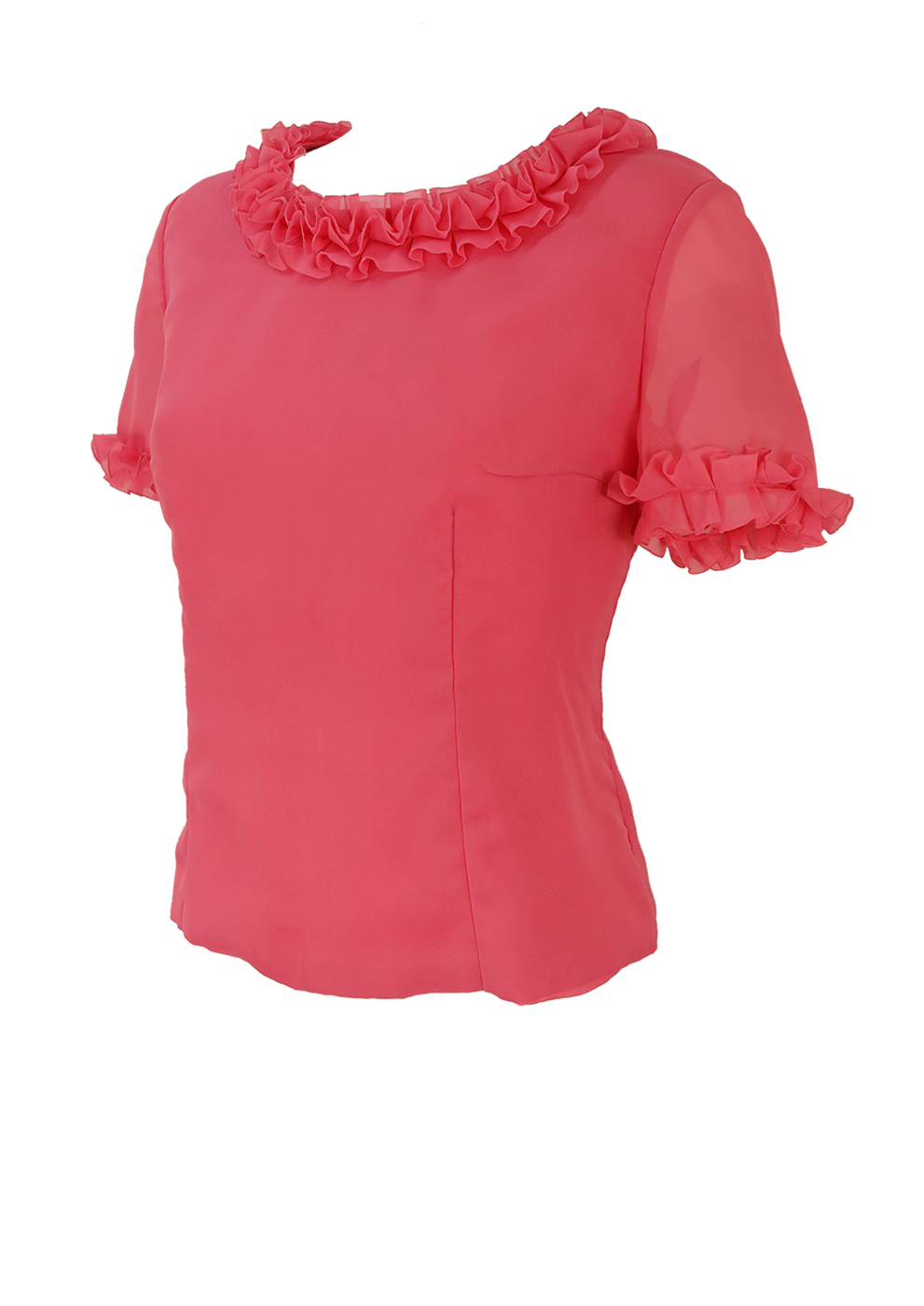 Vintage 60's Short Sleeved Pink Top with Frill Neckline and Sleeves - M ...