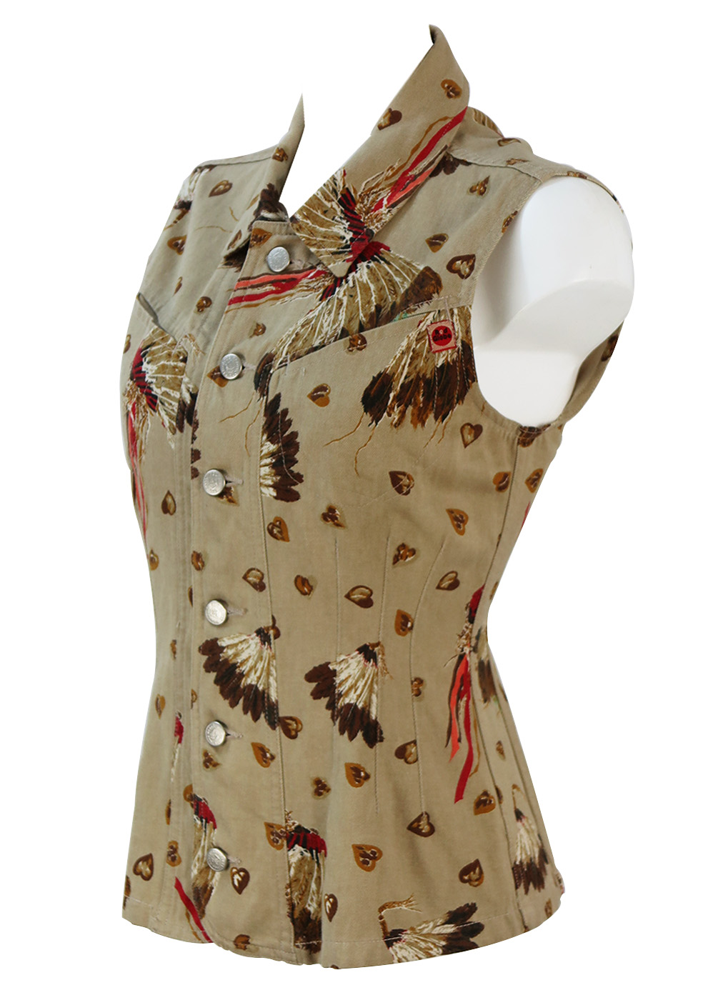 Sleeveless Beige Denim Jacket with Native American Feather Headdress ...