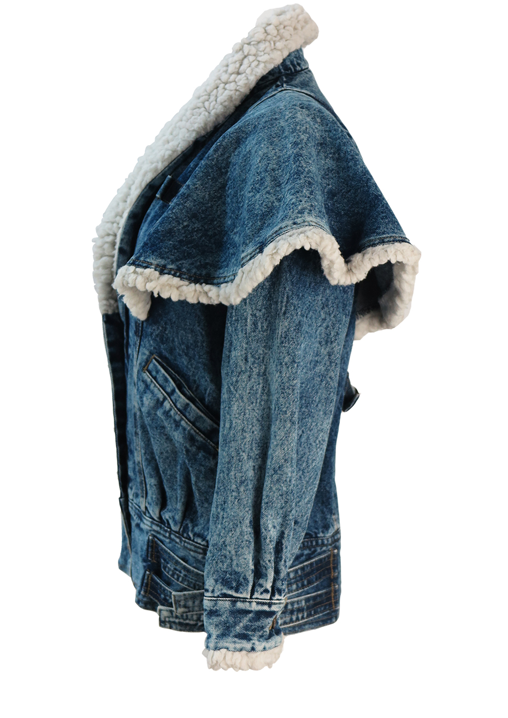 Denim Jacket with Cape Overlay Design and Sherpa Collar & Cuffs Detail ...