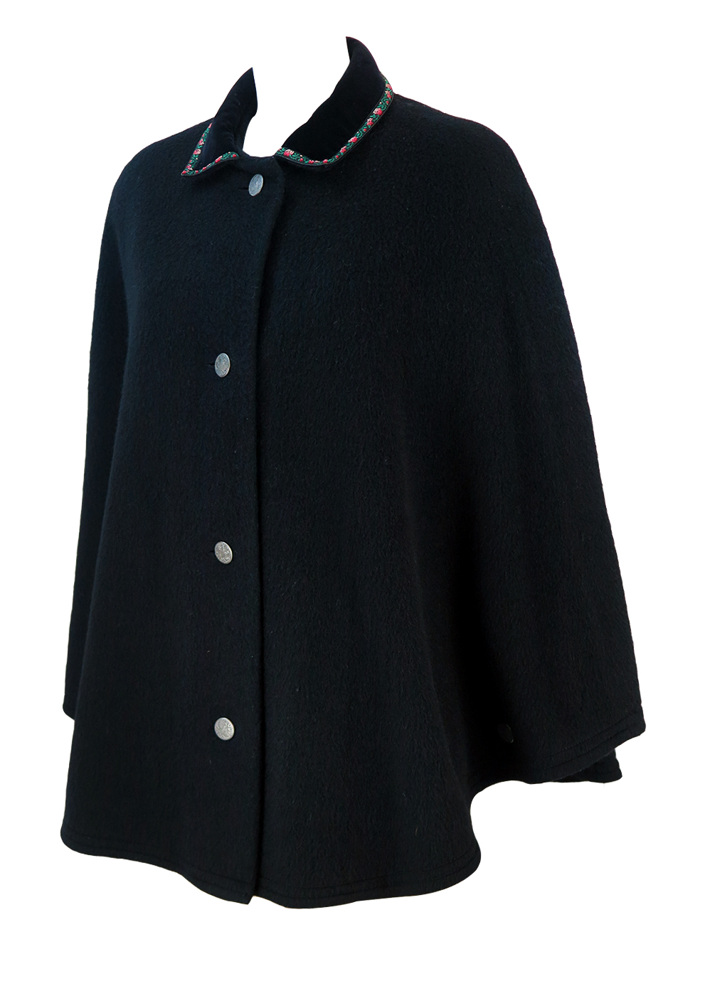 Tyrolean Black Wool Cape with Traditional Coin Buttons & Floral Edged ...