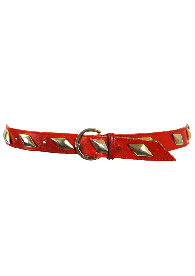 Red Leather Belt with Gold Metal Diamond Shaped Pattern | Reign Vintage