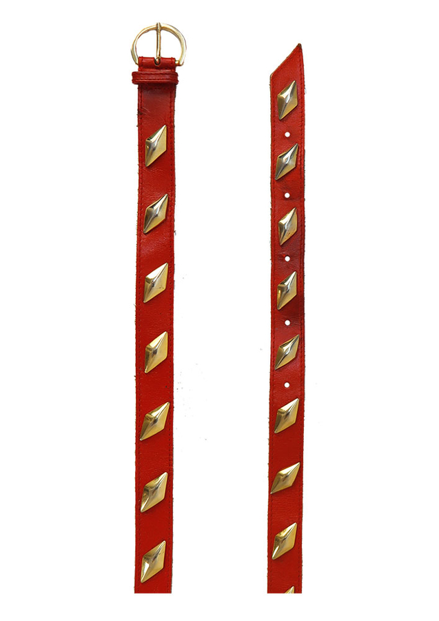 Red Leather Belt with Gold Metal Diamond Shaped Pattern | Reign Vintage
