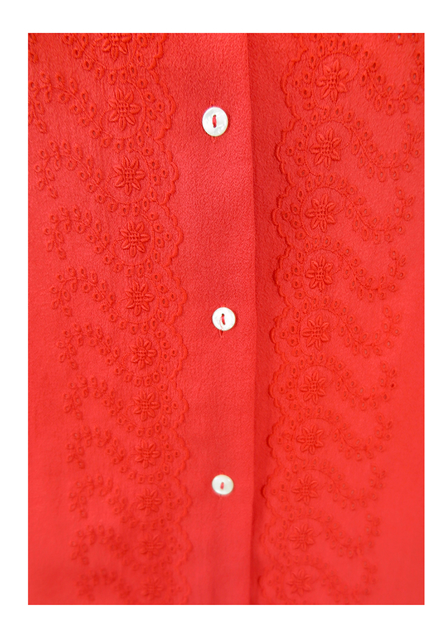 Red Long Sleeved Blouse with Broderie Anglaise Floral Pattern - M ...