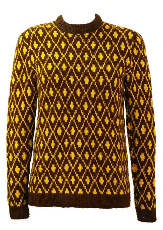 Brown & Yellow Geometric Diamond Patterned Jumper - S/M | Reign Vintage