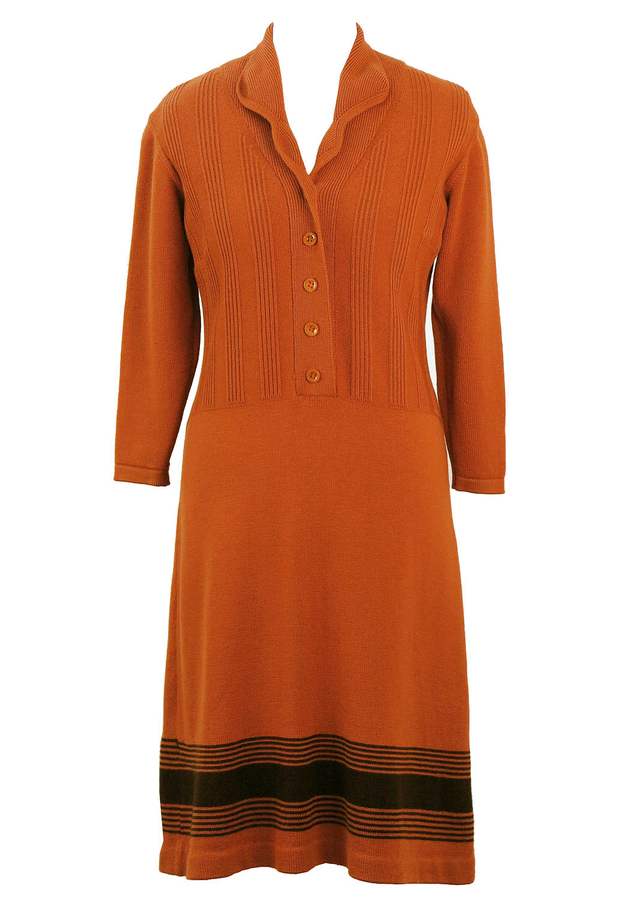 Knitted Russet Dress with Contrasting Brown Trim - L | Reign Vintage