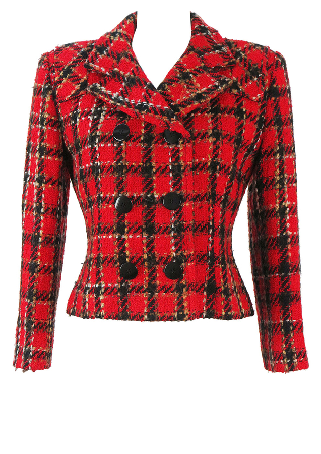 Fitted Double Breasted Wool Jacket with a Red & Black Check Pattern - S ...
