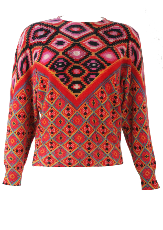 Wool Jumper with Multi Coloured Aztec Pattern & Bead Detail - S/M ...
