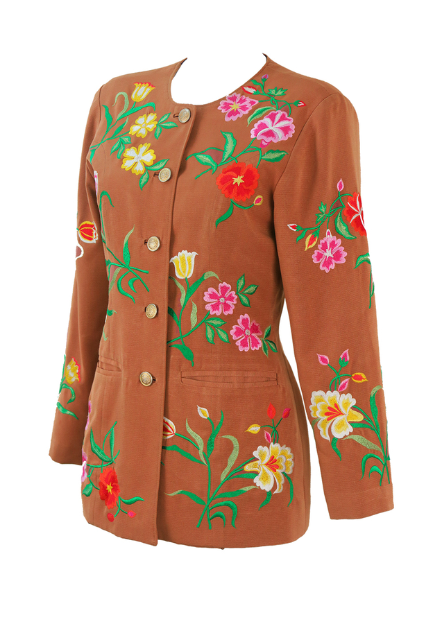 Soft Brown Jacket with Multicoloured Floral Embroidery & Gold Button ...