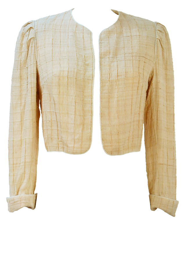 Silk Cream Open Front Crop Jacket with Textured Check Design - S ...