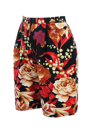 High Waist Black Shorts with Floral Pattern - S | Reign Vintage