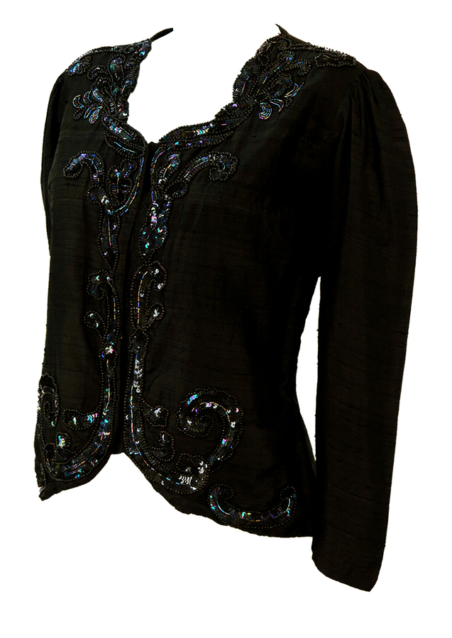 Black Raw Silk Jacket with Sequin & Beading Embellishments - M | Reign ...