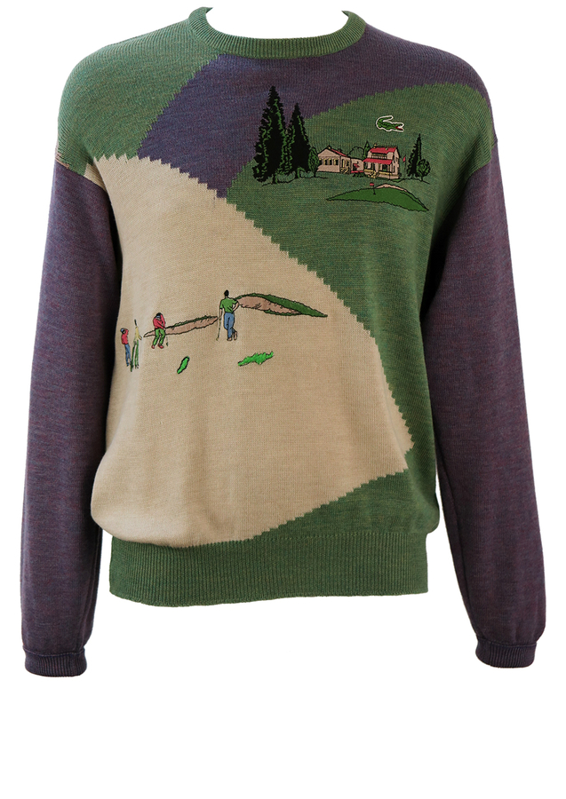 Lacoste Green, Purple & Cream Golfing Themed Jumper - M/L | Reign Vintage