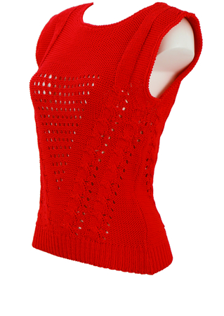 Red Sleeveless Cotton Knit Top with Cable Knit & Crochet Detail - XS/S ...