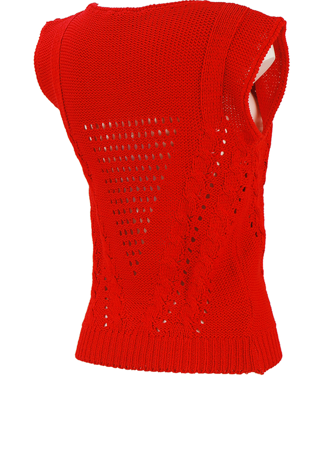 Red Sleeveless Cotton Knit Top with Cable Knit & Crochet Detail - XS/S ...