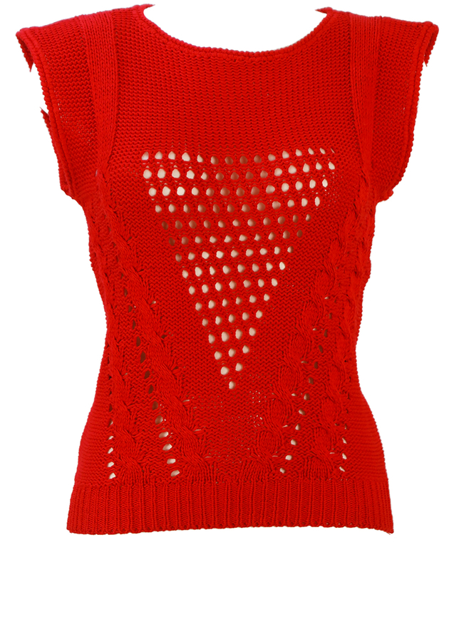 Red Sleeveless Cotton Knit Top with Cable Knit & Crochet Detail - XS/S ...