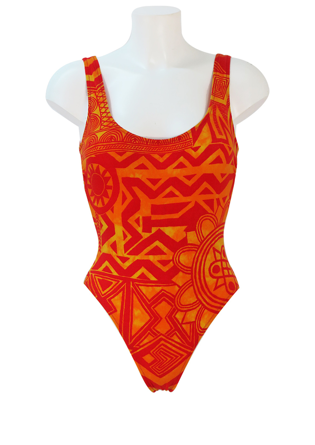 Orange Swimsuit with Tribal Pattern and Low Scoop Back - S/M | Reign ...