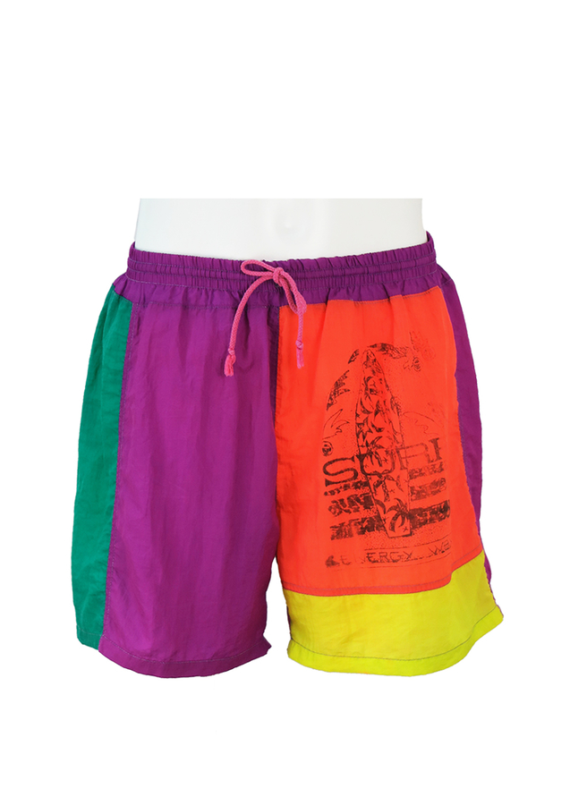 Purple Surf Themed Swim Shorts with Neon Yellow, Green & Orange Block ...