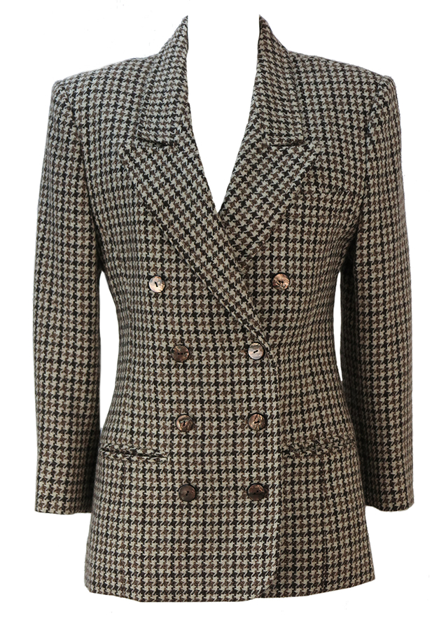 Cream & Brown Double Breasted Houndstooth Check Wool Jacket - S/M ...