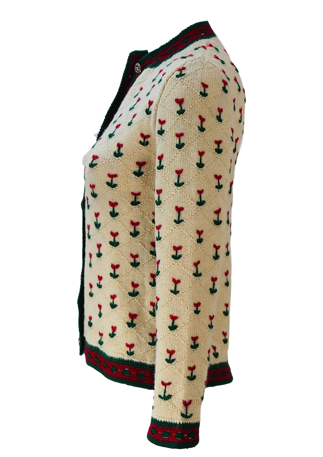 Tyrolean Cream Wool Cardigan with Red & Green Floral Pattern & Crochet ...