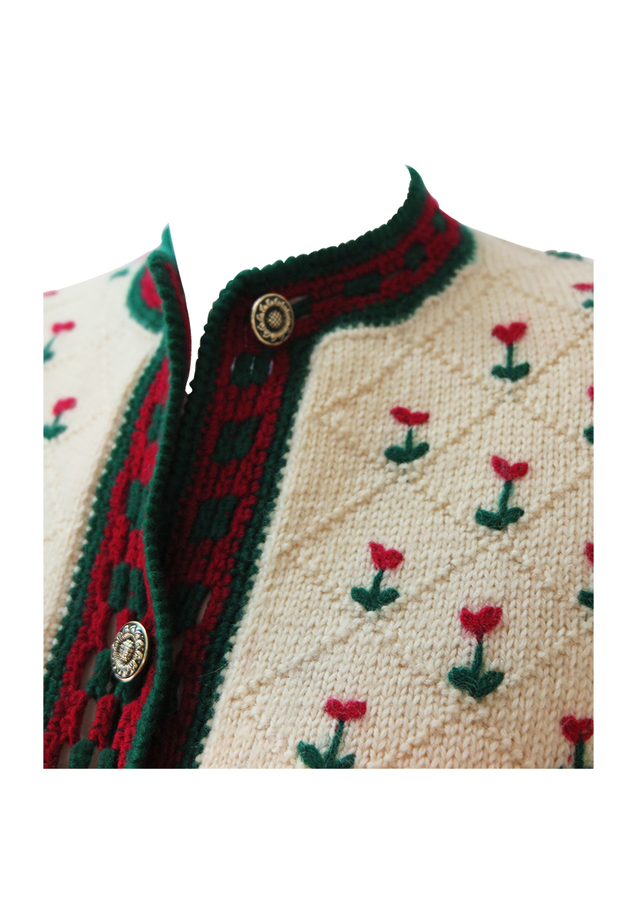 Tyrolean Cream Wool Cardigan with Red & Green Floral Pattern & Crochet ...