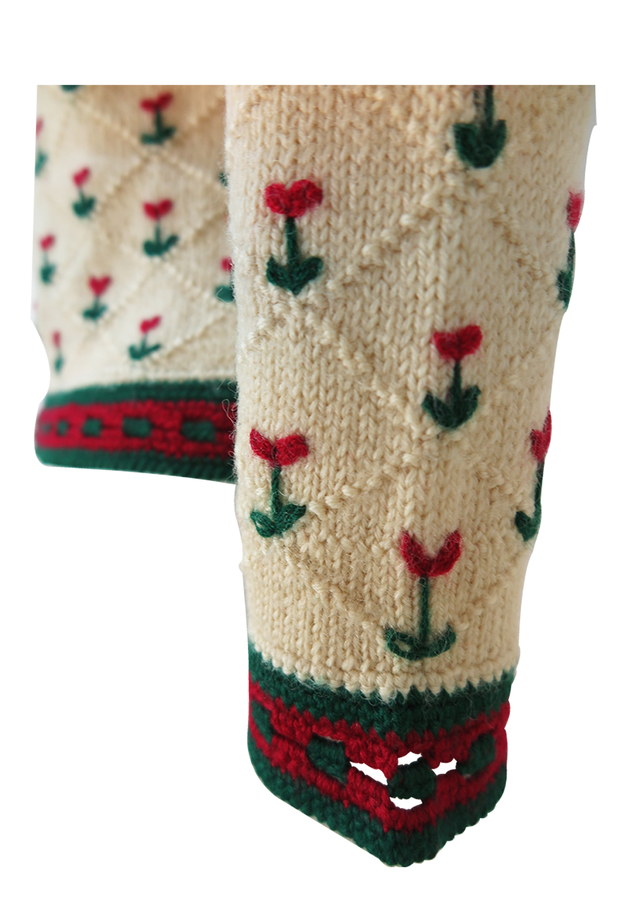 Tyrolean Cream Wool Cardigan with Red & Green Floral Pattern & Crochet ...