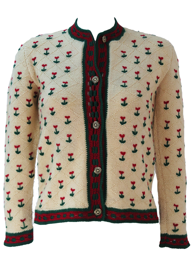 Tyrolean Cream Wool Cardigan with Red & Green Floral Pattern & Crochet ...