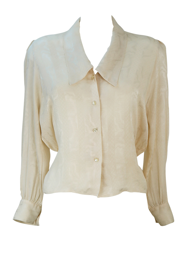 Cream Tie Neck Blouse with Patterned Stripe Pattern and Gathered Waist ...