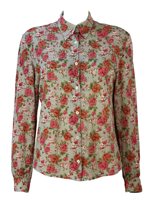 Sage Green Blouse with Pink, Green & Brown Rose Floral Pattern - L ...