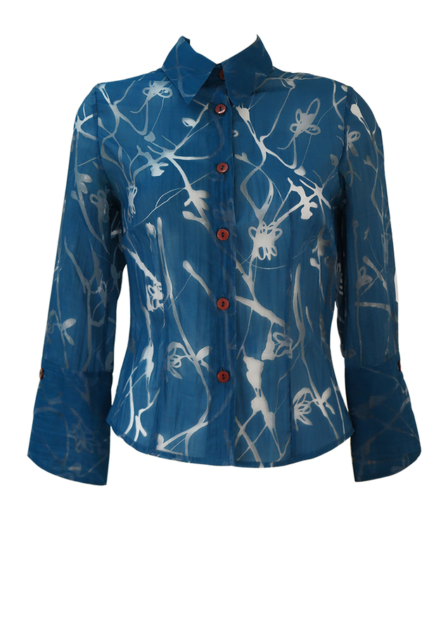 Teal Blue Blouse with Silvery Sheer Abstract Pattern & Large Cuff ...