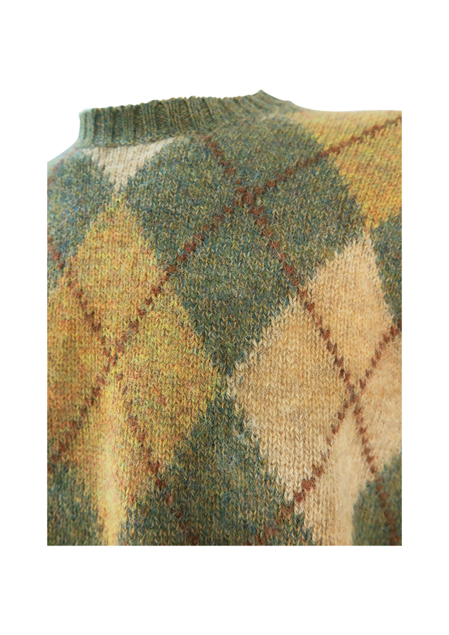 Scottish Pure Wool Knit Jumper with Mottled Green & Brown Argyle ...