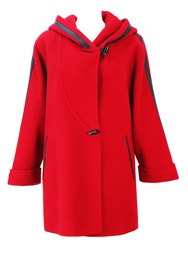 Red Wool Hooded Oversized Style Coat with Black Leather Trim - M ...