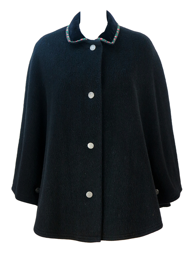 Tyrolean Black Wool Cape with Traditional Coin Buttons & Floral Edged ...
