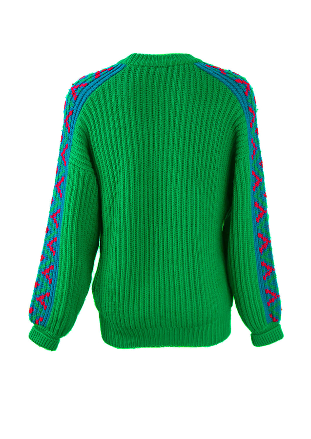 Chunky Green Wool Jumper with Blue Patterned Sleeves - L/XL | Reign Vintage