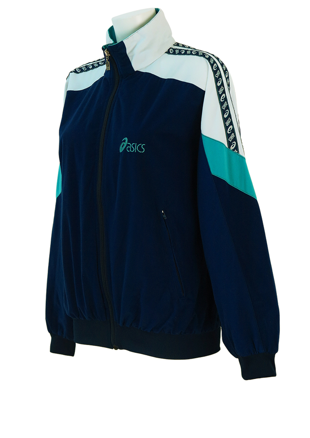Asics Navy Blue Velour Track Jacket with Turquoise Blue & White Sleeve ...