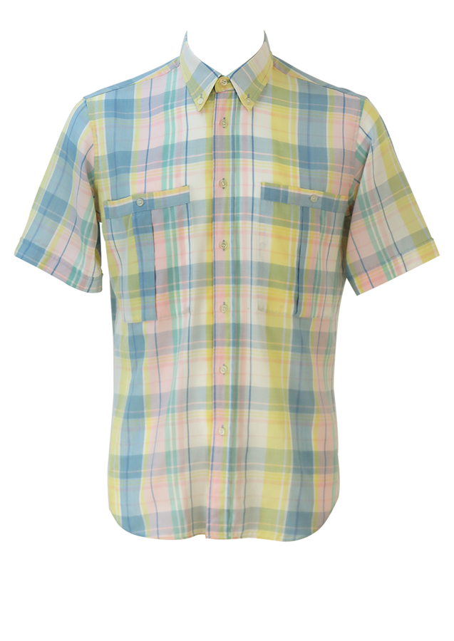 Short Sleeved Check Shirt in Yellow, Blue, Pink & Green Pastel Tones ...