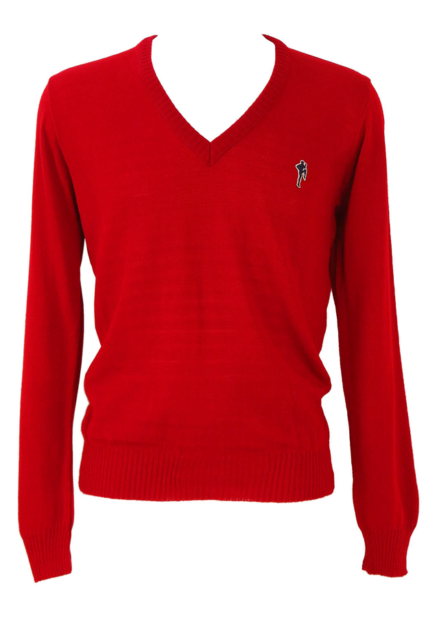 Red V-Neck Jumper with Running Man Motif - M | Reign Vintage