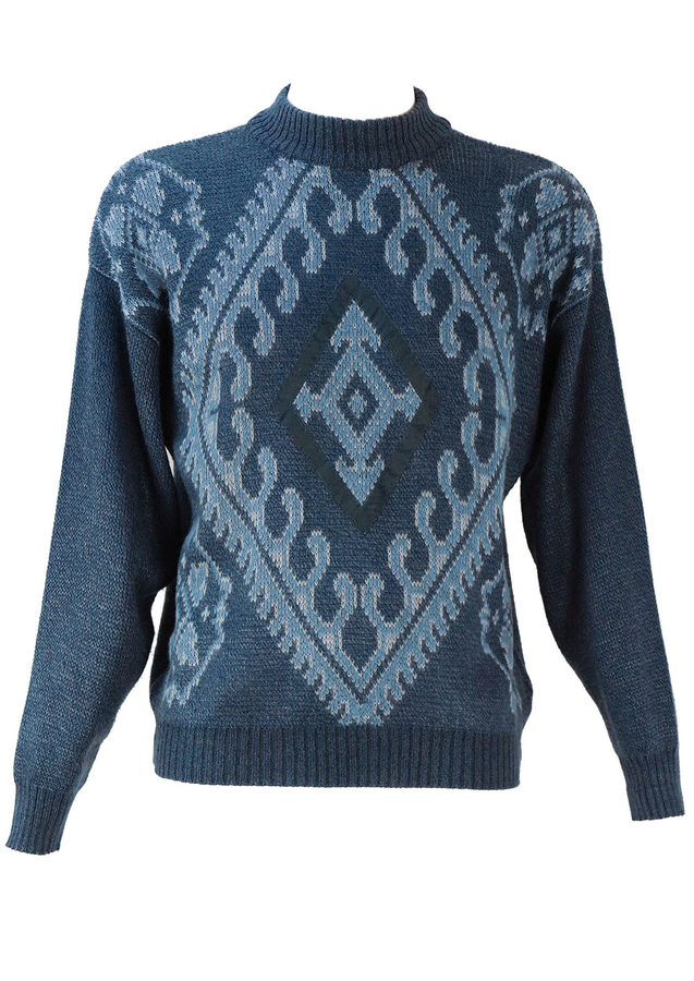Jumper with Blue & Grey Diamond Patterned Jumper - M/L | Reign Vintage