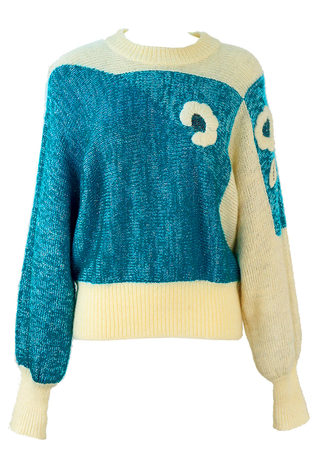 Vintage 80's Metallic Blue & Cream Batwing Jumper - M/L | Reign Vintage
