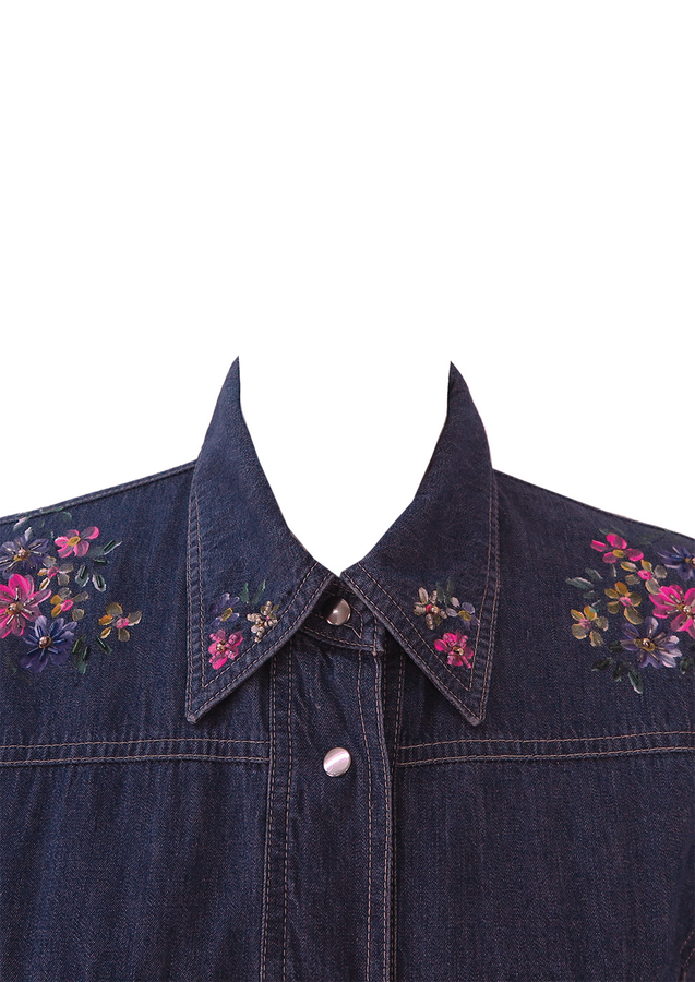 Dark Blue Denim Shirt with Painted Floral Pattern - M/L | Reign Vintage