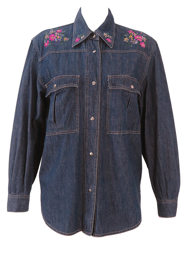 Dark Blue Denim Shirt with Painted Floral Pattern - M/L | Reign Vintage