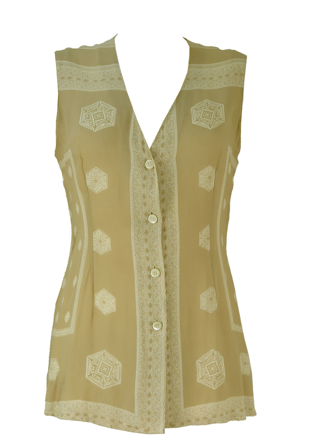 Sleeveless Camel Coloured Blouse with Intricate White Patterns - S/M ...