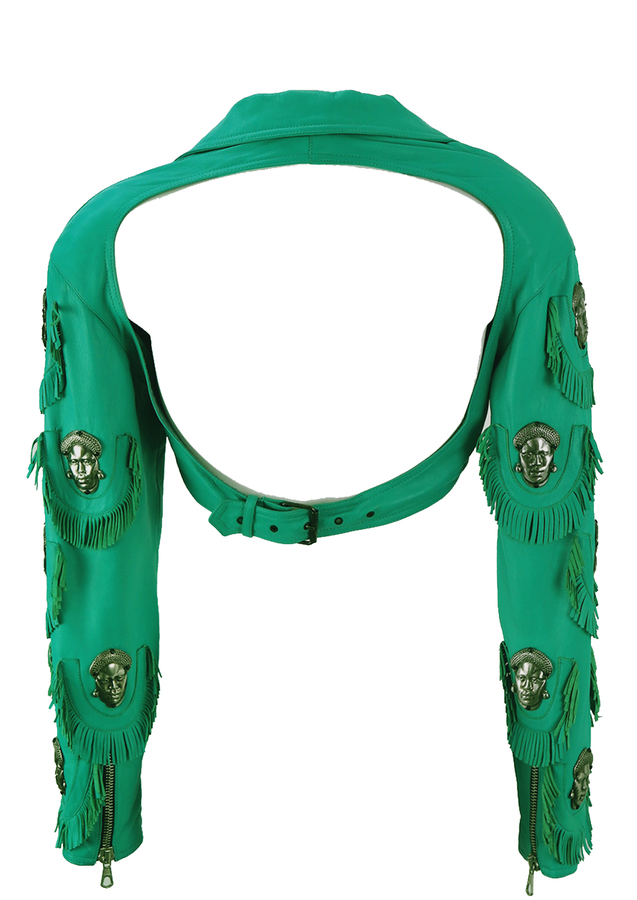 Calugi E Giannelli Cropped Leather Turquoise Jacket with Metallic ...