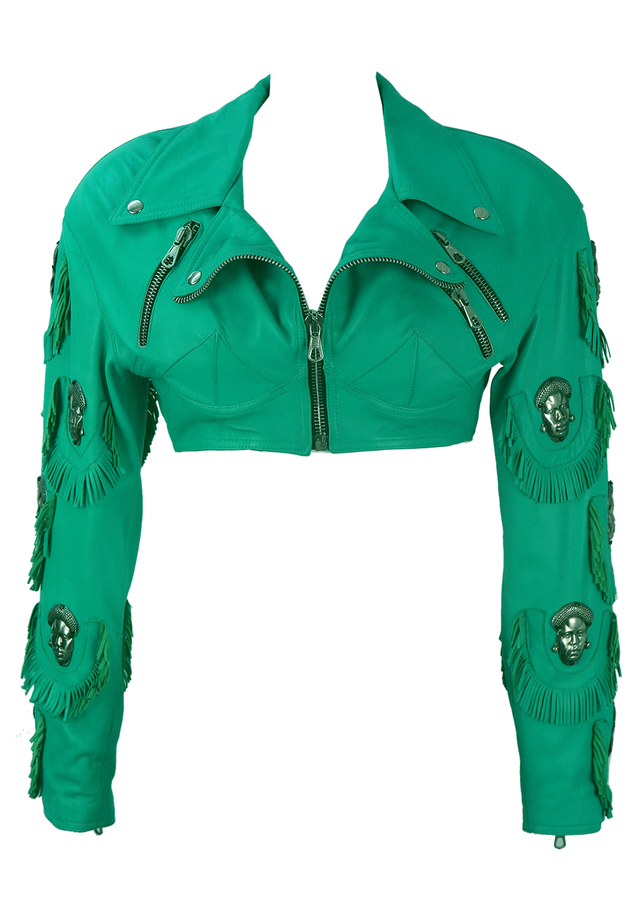 Calugi E Giannelli Cropped Leather Turquoise Jacket with Metallic ...