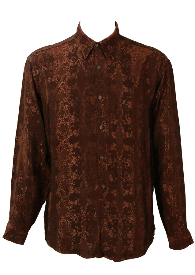 Brown Shirt with Silk Effect Floral Pattern - L/XL | Reign Vintage